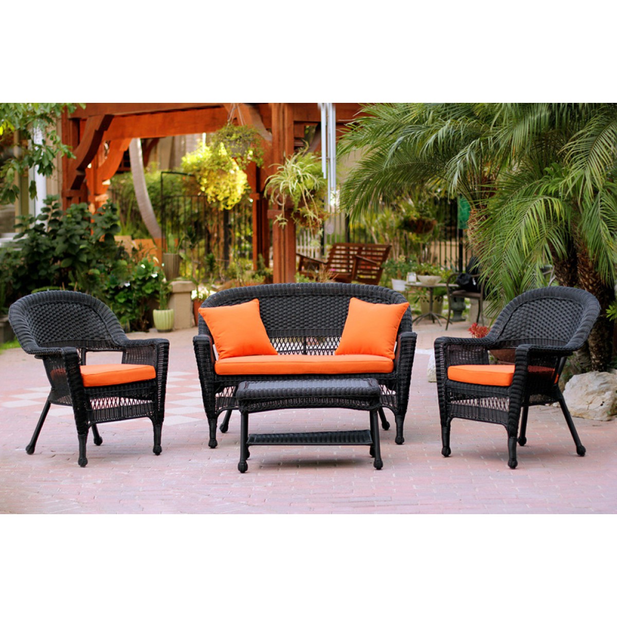 4pc Black Wicker Conversation Set - Orange Cushions