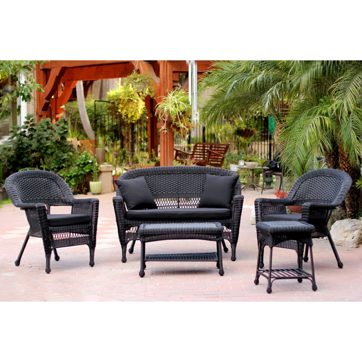 5pc Black Wicker Conversation Set - Black Cushions