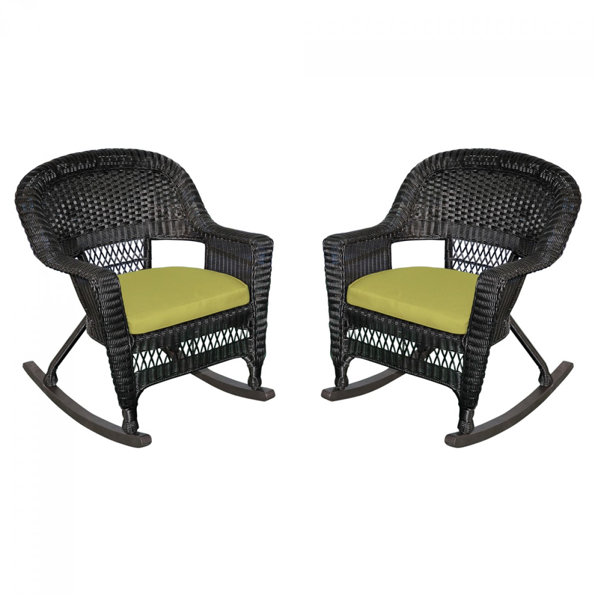 Black Rocker Wicker Chair with Sage Green Cushion - Set of 2