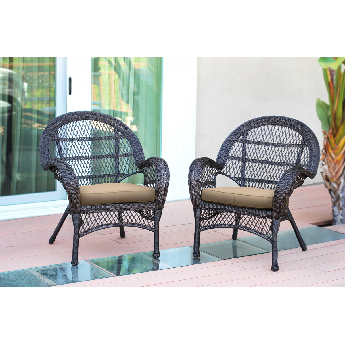 Santa Maria Espresso Wicker Chair with Tan Cushion - Set of 2
