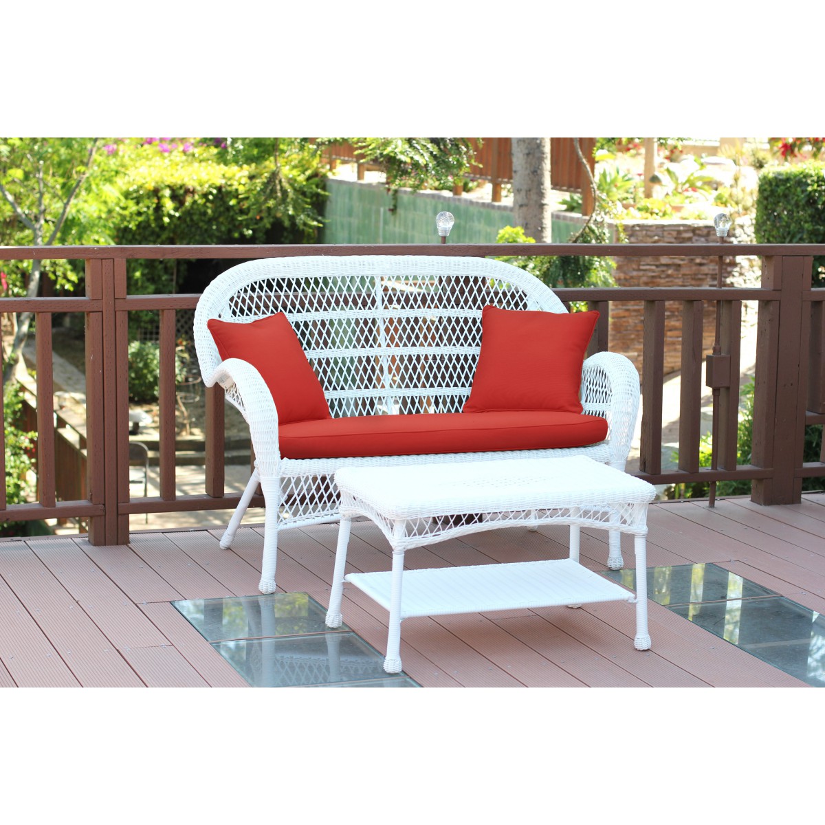 Santa Maria White Wicker Patio Love Seat And Coffee Table Set - Brick ...