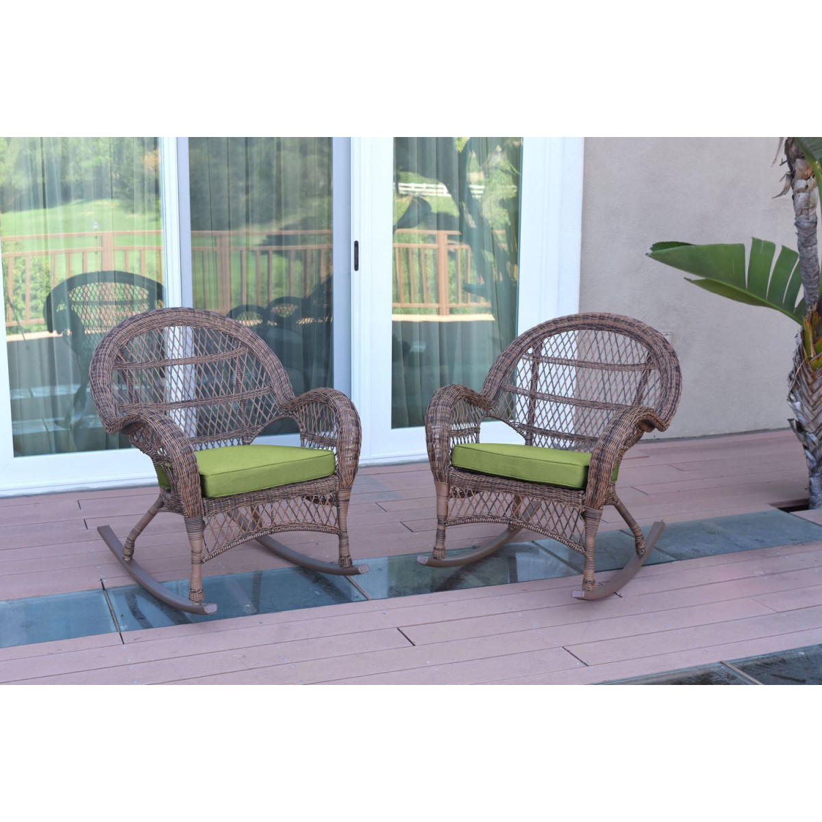 Santa Maria Honey Wicker Rocker Chair with Sage Green Cushion - Set of 2