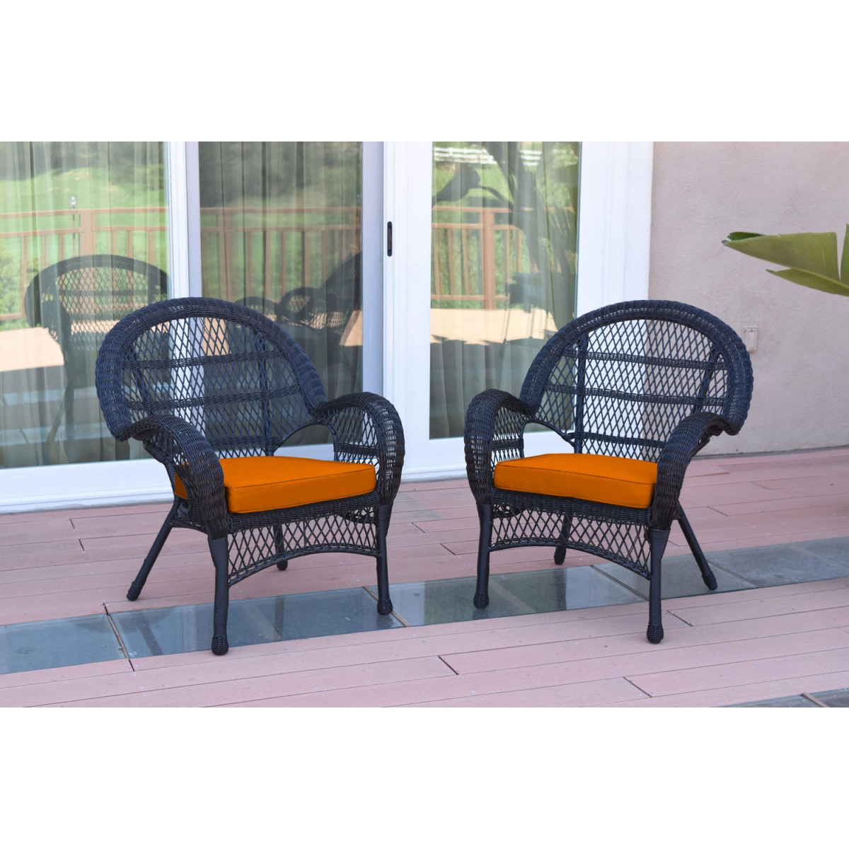 Santa Maria Black Wicker Chair with Orange Cushion - Set of 2