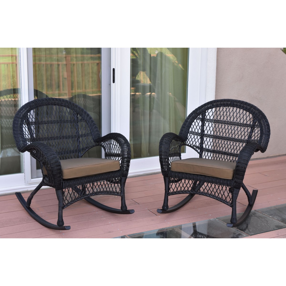 Santa Maria Black Wicker Rocker Chair with Brown Cushion - Set of 2
