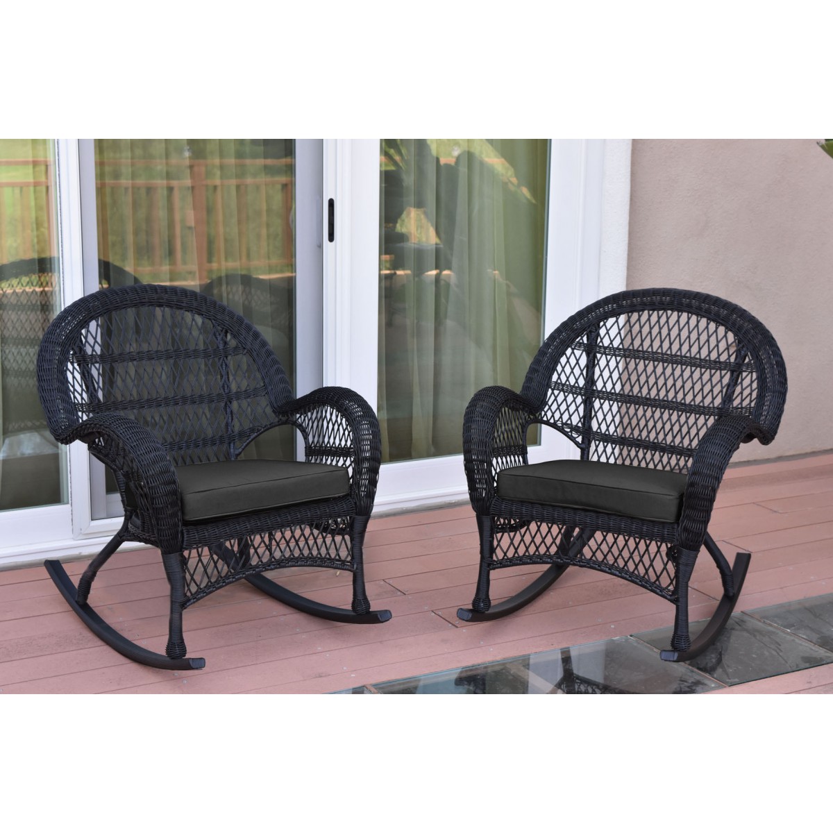 Santa Maria Black Wicker Rocker Chair with Black Cushion - Set of 2
