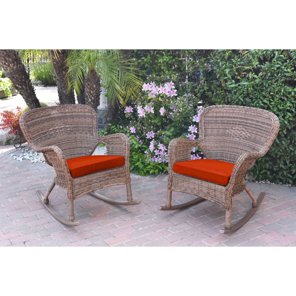 Set of 2 Windsor Honey Resin Wicker Rocker Chair with Brick Red Cushions