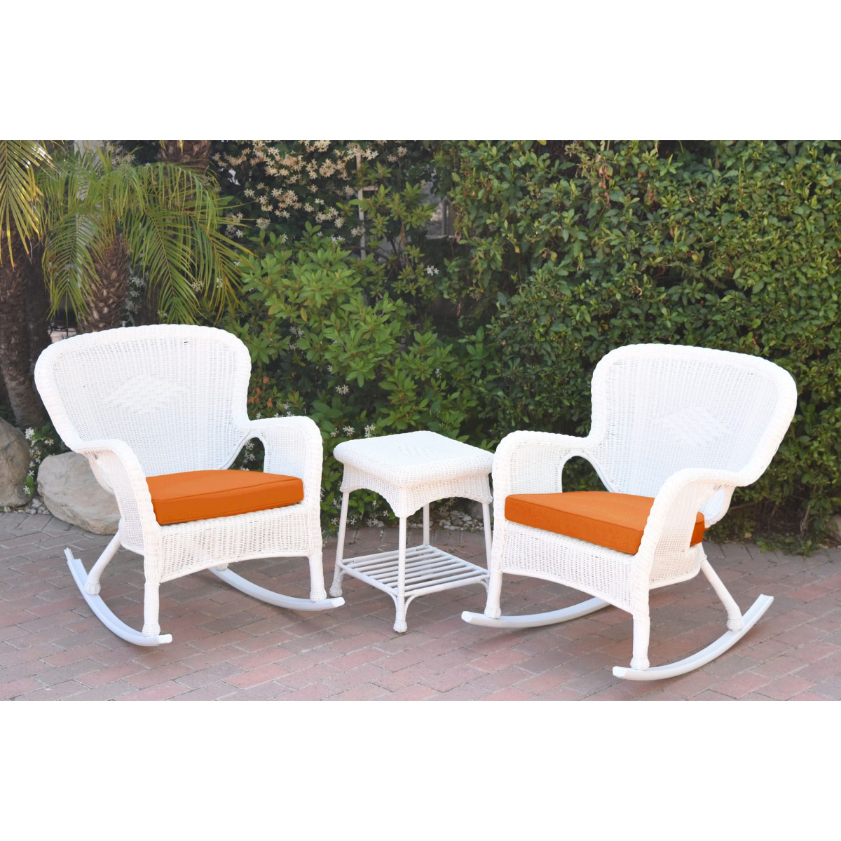 Windsor White Wicker Rocker Chair And End Table Set With Orange Chair ...