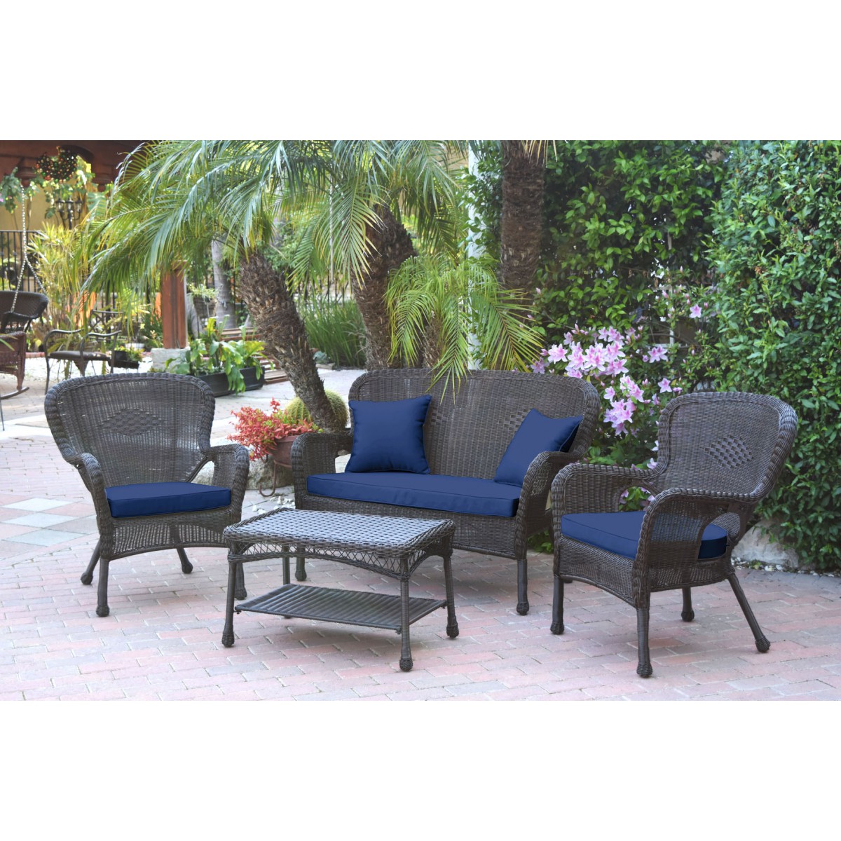 4pc Windsor Espresso Wicker Conversation Set - Midnight Blue Cushions