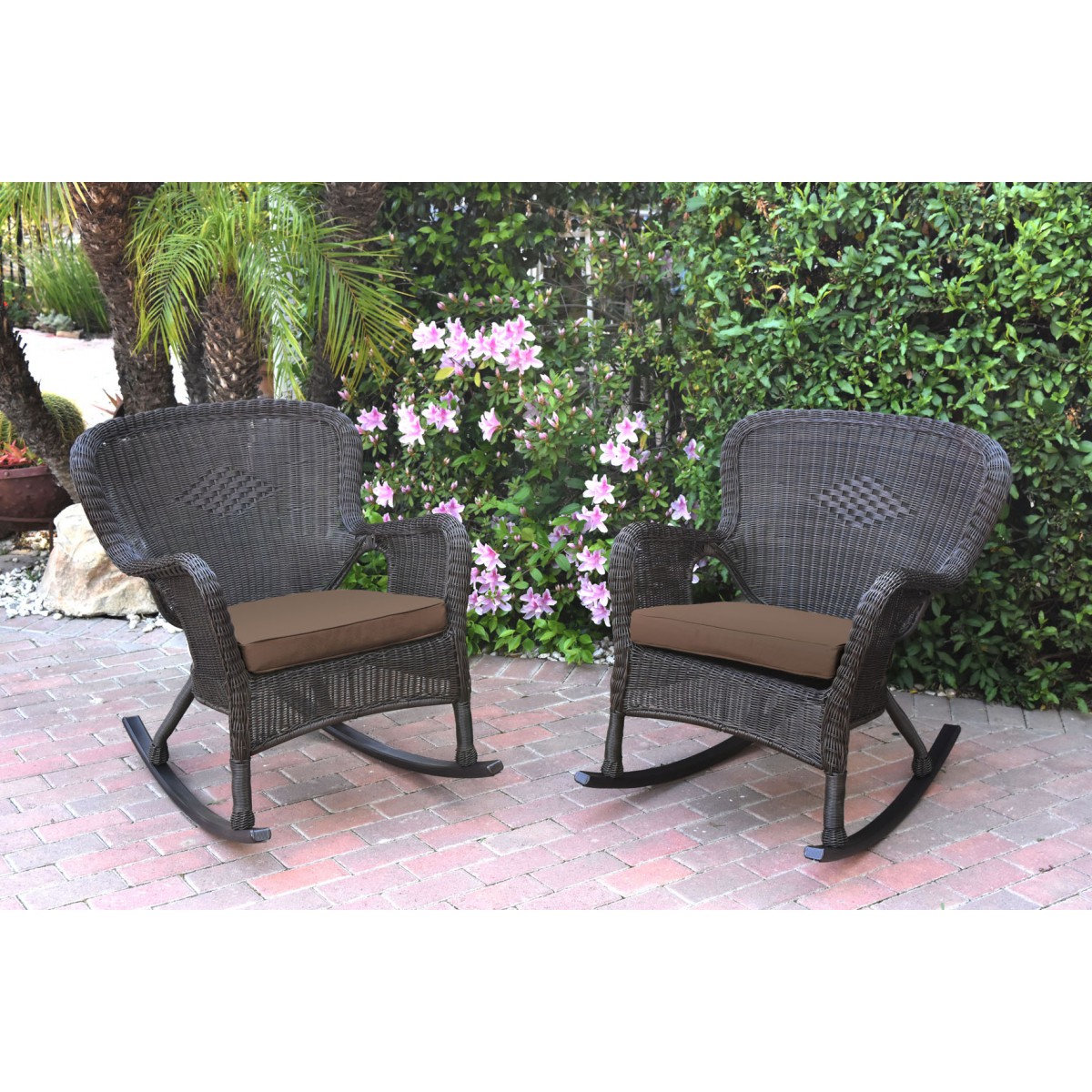 Set of 2 Windsor Espresso Resin Wicker Rocker Chair with Brown Cushions