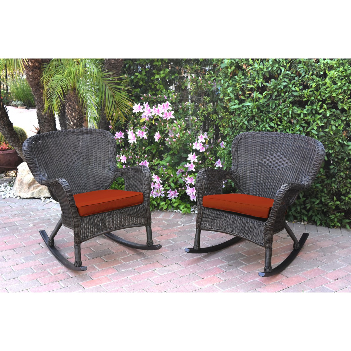 Set of 2 Windsor Espresso Resin Wicker Rocker Chair with Brick Red Cushions
