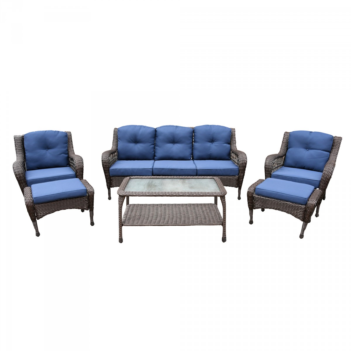 6pc Wicker Seating Set with Midnight Blue Cushions