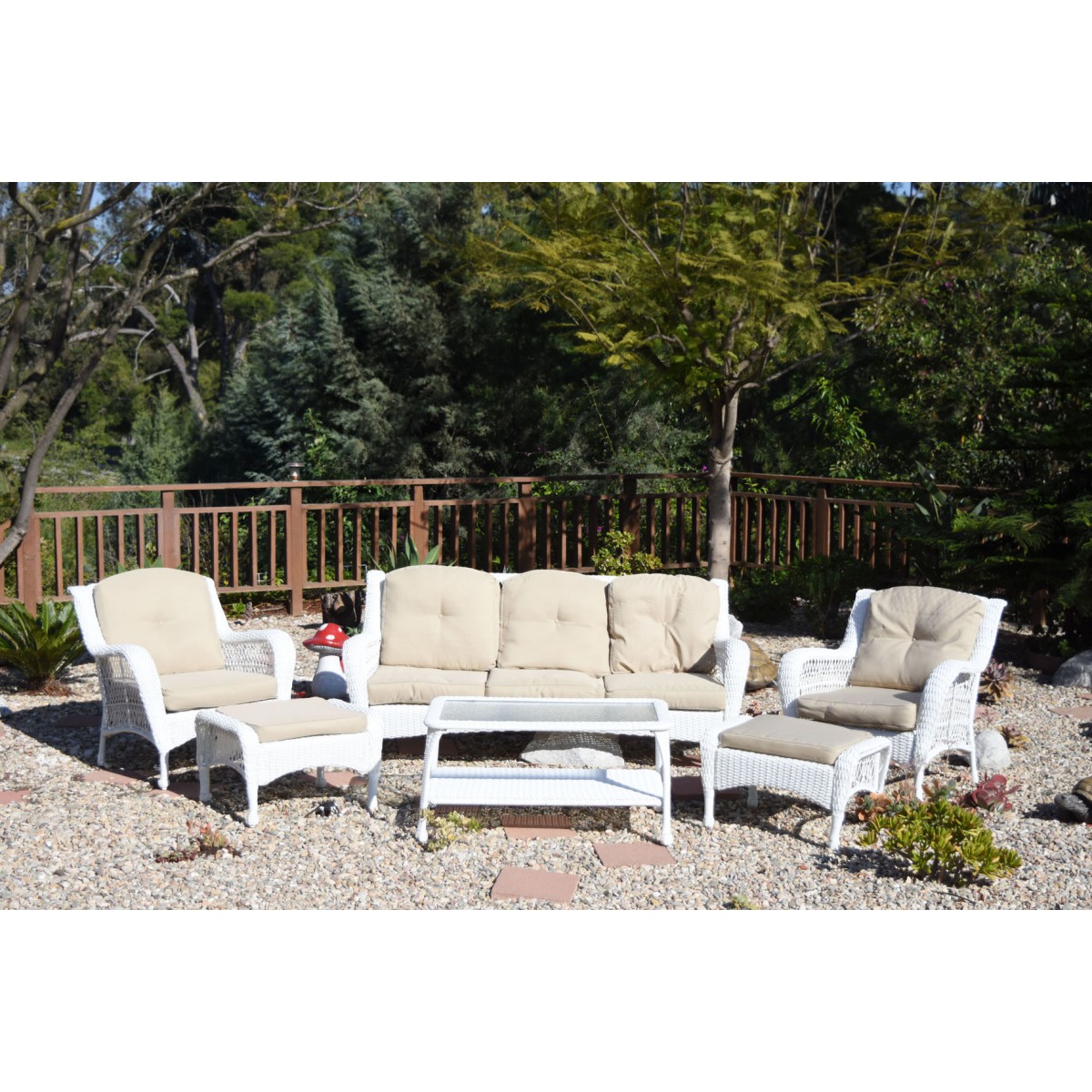 6pc White Wicker Seating Set with Ivory Cushions